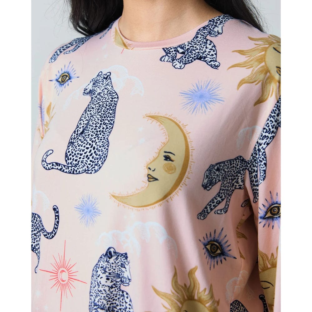 Chelsea Peers Celestial Leopard Print Long Pyjama Set In Pink