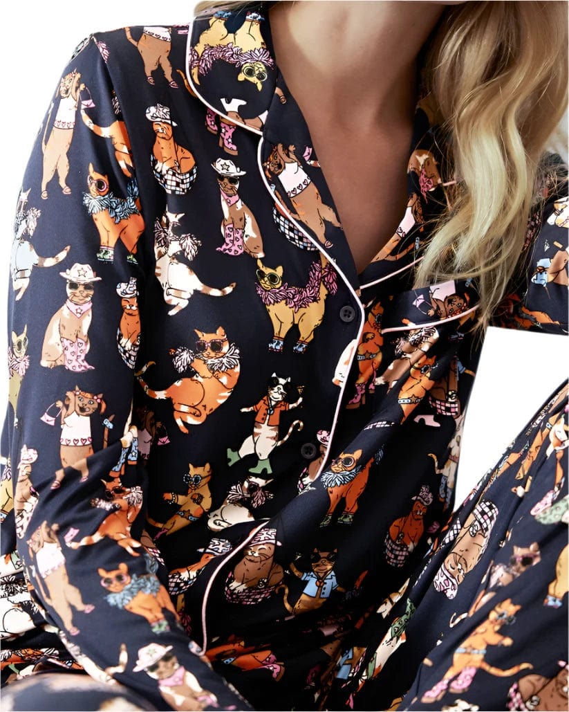 Chelsea Peers Disco Cats Print Long Pyjama Set