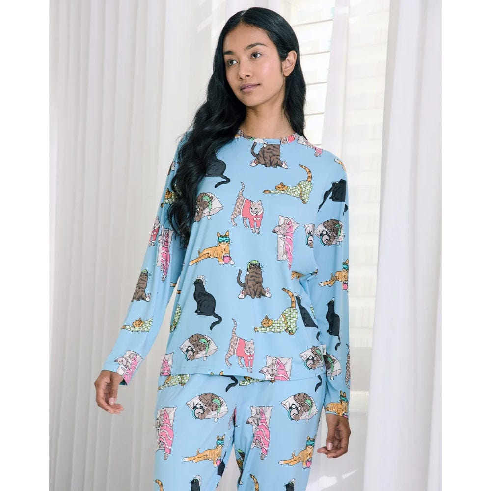 Chelsea Peers Sleepy Cats Print Long Pyjama Set In Blue