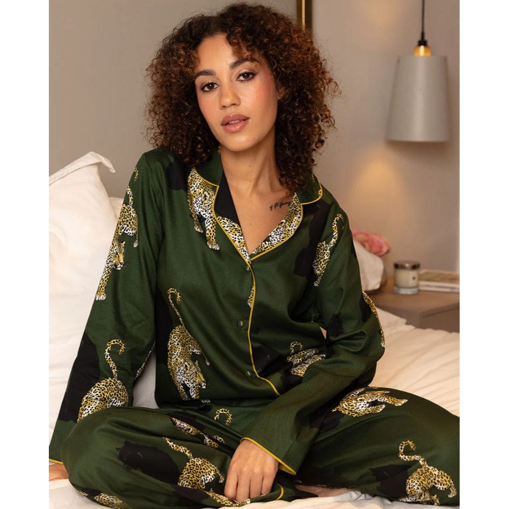 Cyberjammies Leopard Print Wide Leg Pyjama Top In Olive