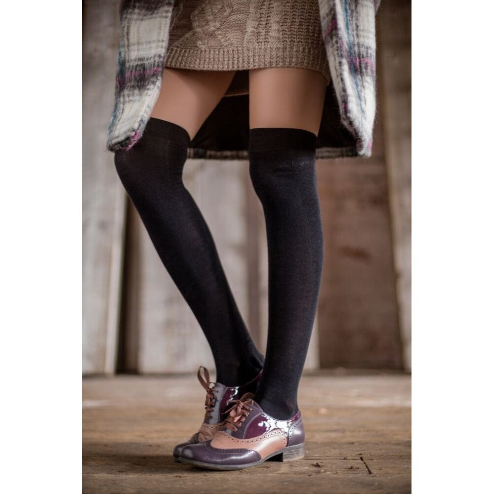 ELLE 2 Pair Plain Bamboo Over The Knee Socks In Black