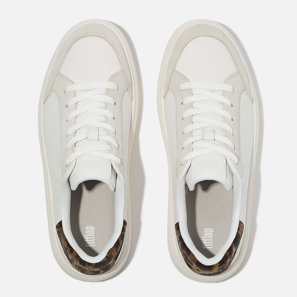 FitFlop RTG Leopard-Backtab Leather Suede Trainers In White/Leopard