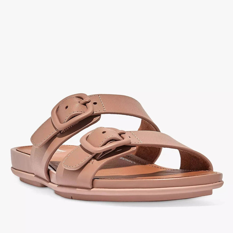 Gracie Buckle Two-Bar Leather Slides Beige
