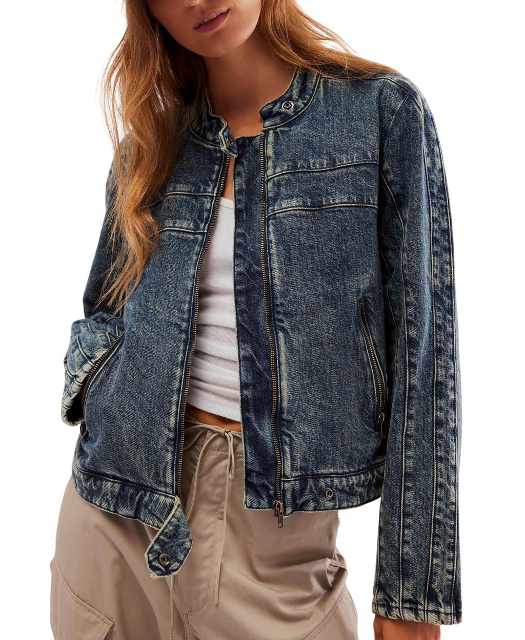 Free People Fast Lane Denim Moto Jacket