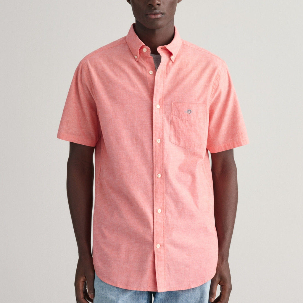 GANT Regular Fit Cotton Linen Short Sleeve Shirt in Sunset Pink