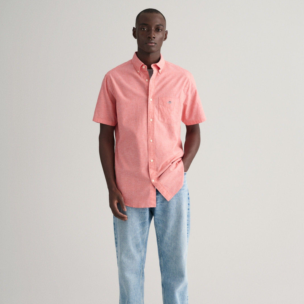 GANT Regular Fit Cotton Linen Short Sleeve Shirt in Sunset Pink