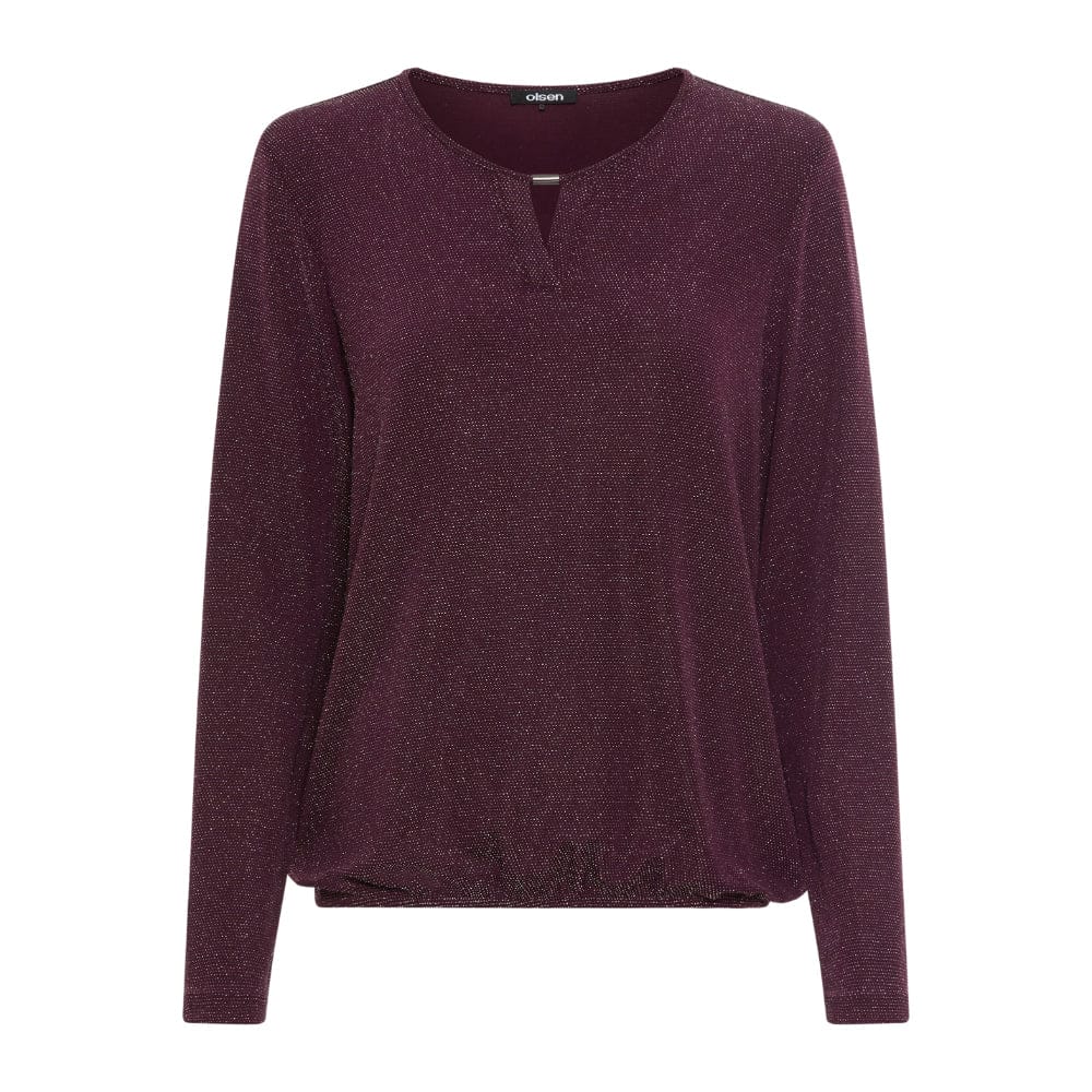 Olsen Keyhole Neckline Sparkle T-Shirt in Dark Wine