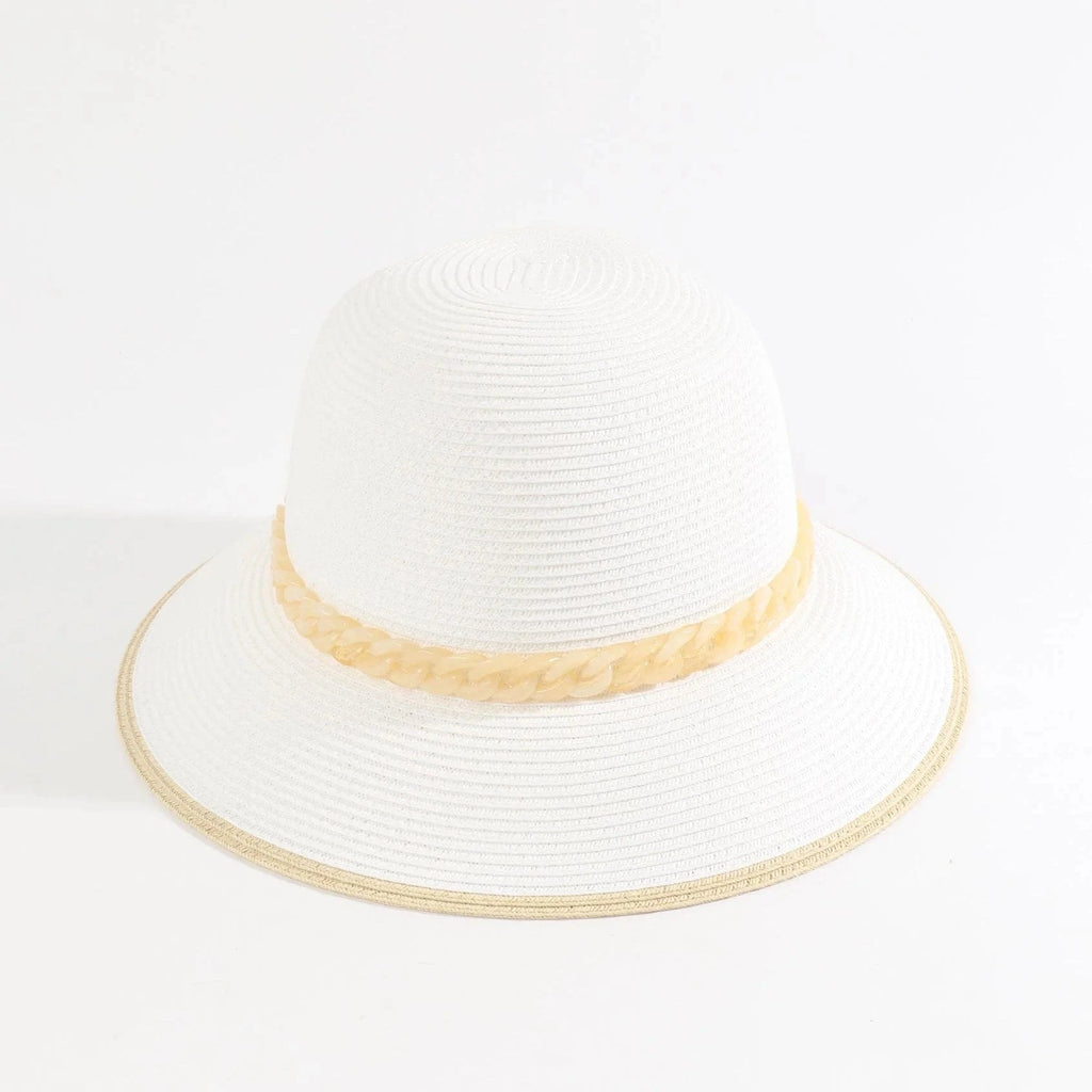 Pia Rossini Paper Straw Bucket Hat with Chain Belt Embellishment In Wh
