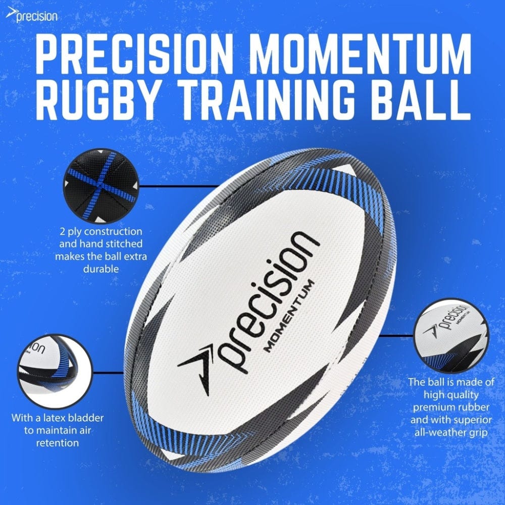 Precision Play Momentum Rugby Training Ball In White/Black/Blue